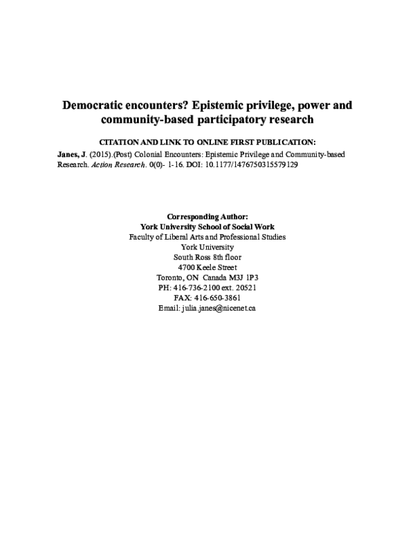 (PDF) Democratic encounters? Epistemic privilege, power and community ...