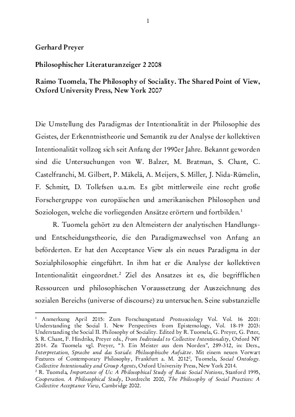 (PDF) Review Raimo Tuomela Philosophy of Sociality. The Shared Point of ...