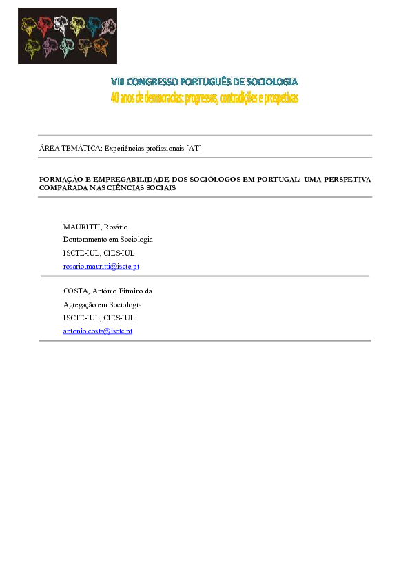 (PDF) Mauritti R; Costa AF (2014), "Formação e empregabilidade dos ...