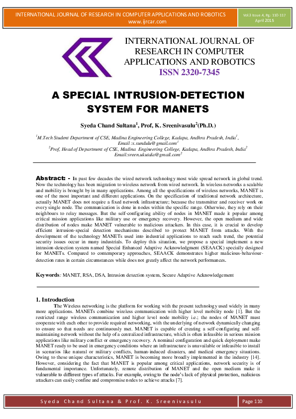 Pdf A Special Intrusion Detection System For Manets