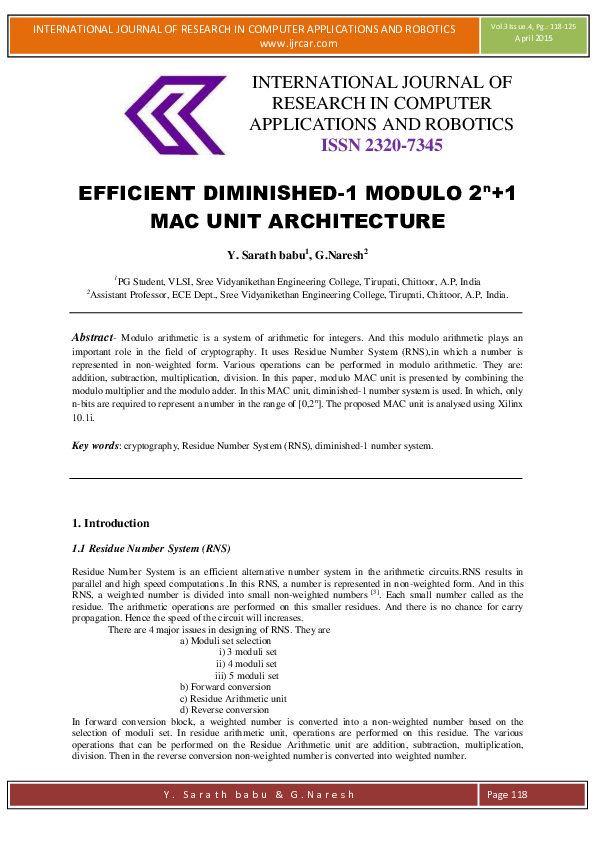 Pdf Efficient Diminished 1 Modulo 2 N1 Mac Unit Architecture