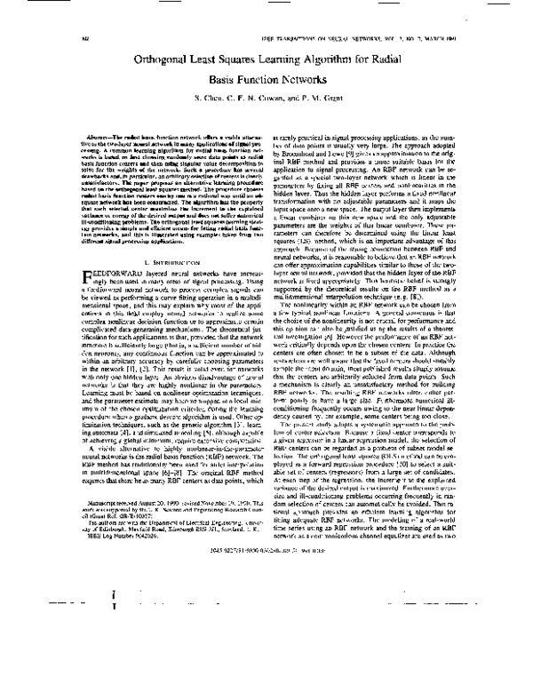 Pdf Orthogonal Least Squares Learning Algorithm For Radial Basis