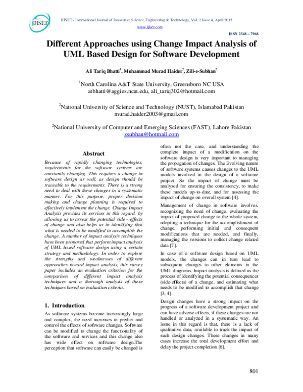 (PDF) Different Approaches using Change Impact Analysis of UML Based Design for Software Development