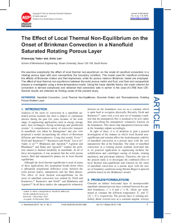 (PDF) The effect of local thermal non-equilibrium on the onset of Brinkman convection in a ...