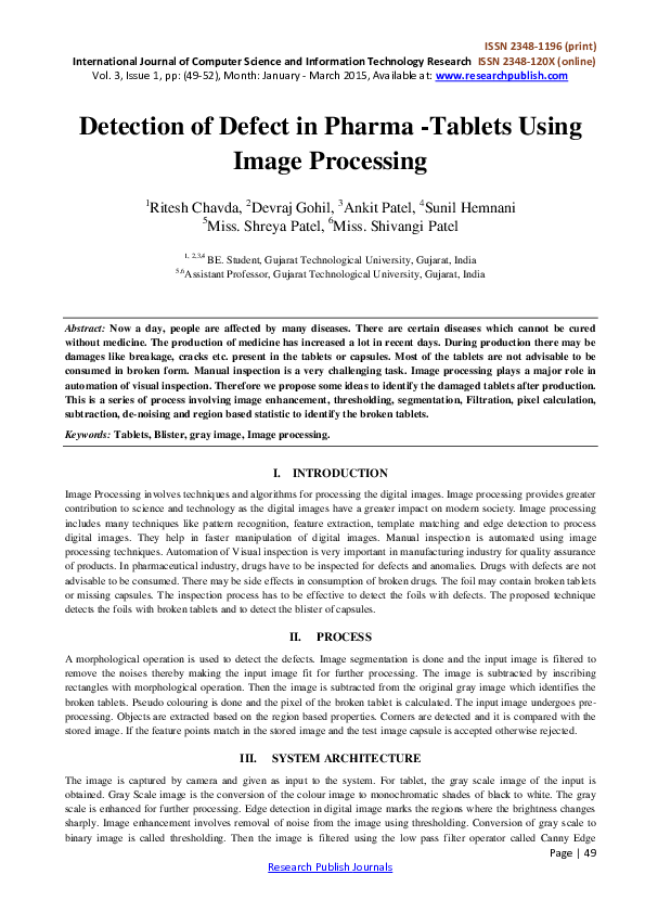 (PDF) Detection of Defect in Pharma -Tablets Using Image Processing