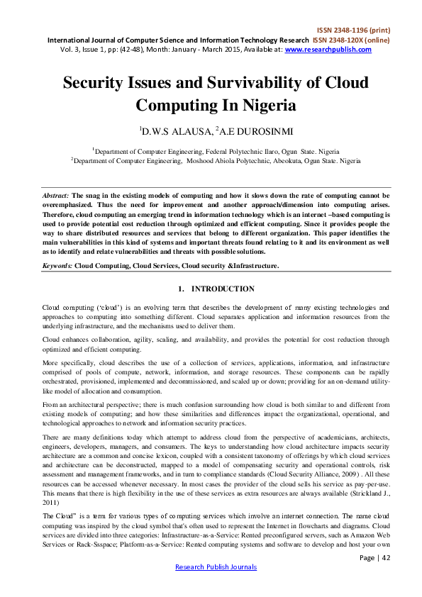 (PDF) Security Issues and Survivability of Cloud Computing In Nigeria