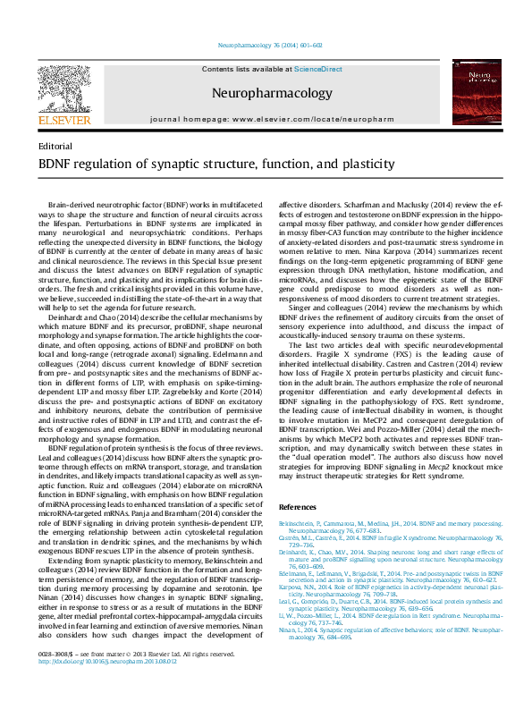 (PDF) BDNF regulation of synaptic structure, function, and plasticity.