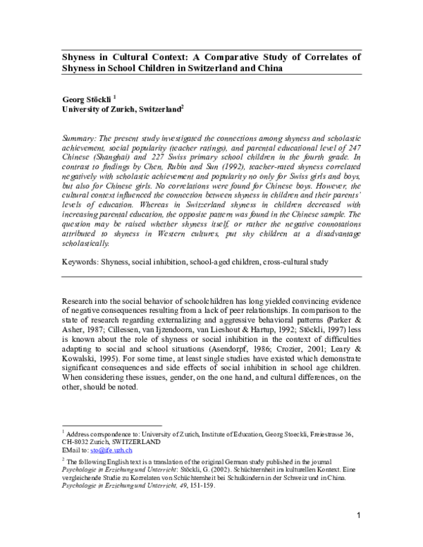 (PDF) Shyness in Cultural Context: A Comparative Study of Correlates of ...