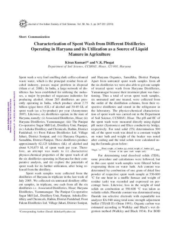 Characterization of Spent Wash from Different Distilleries Operating in ...
