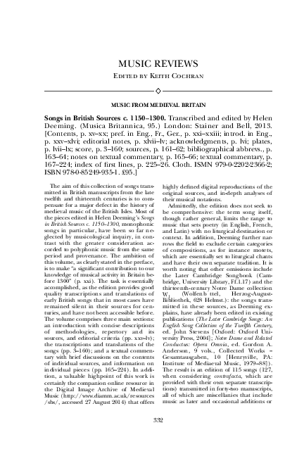 Music from Medieval Britain: Songs in British Sources c. 1150-1300 ed ...