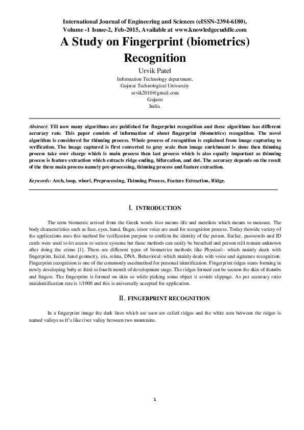 (PDF) A Study on Fingerprint (biometrics) Recognition