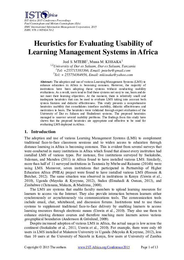 (PDF) Heuristics for Evaluating Usability of Learning Management Systems in Africa