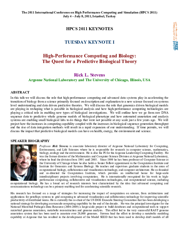 (PDF) TUESDAY KEYNOTE I High-Performance Computing and Biology: The ...