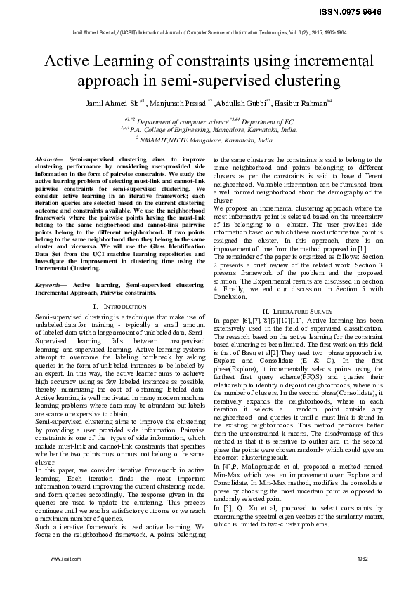 Pdf Active Learning Of Constraints Using Incremental Approach In Semi Supervised Clustering