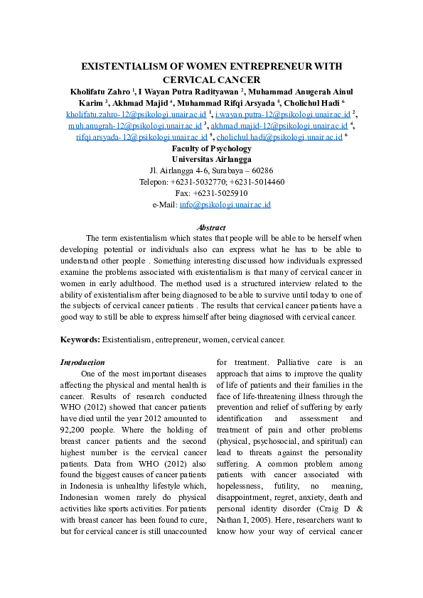 (DOC) EXISTENTIALISM OF WOMEN ENTREPRENEUR WITH CERVICAL CANCER