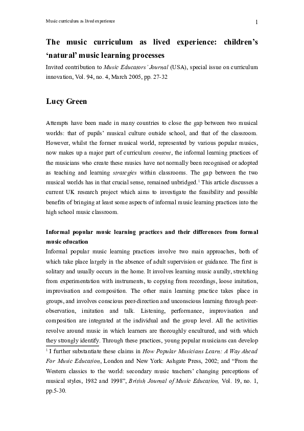 (DOC) The music curriculum as lived experience: children’s “natural ...