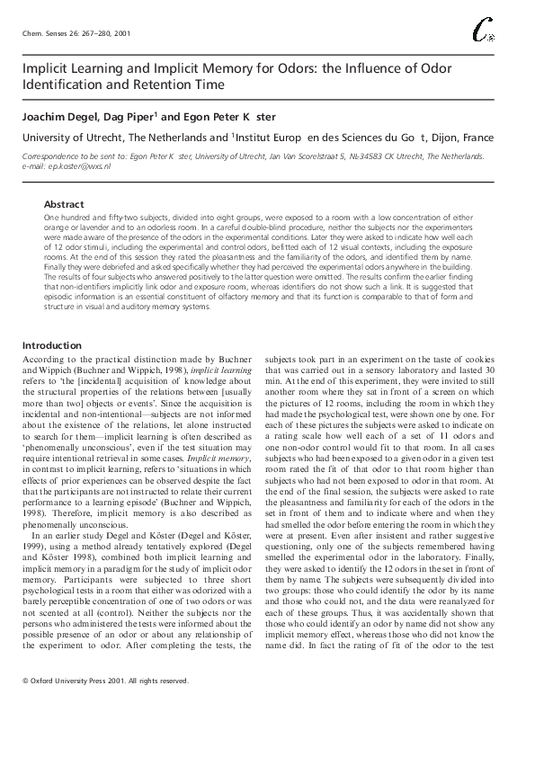(PDF) Degel, J., Piper, D. & Köster, E.P. (2001) Implicit learning and implicit memory for odors: