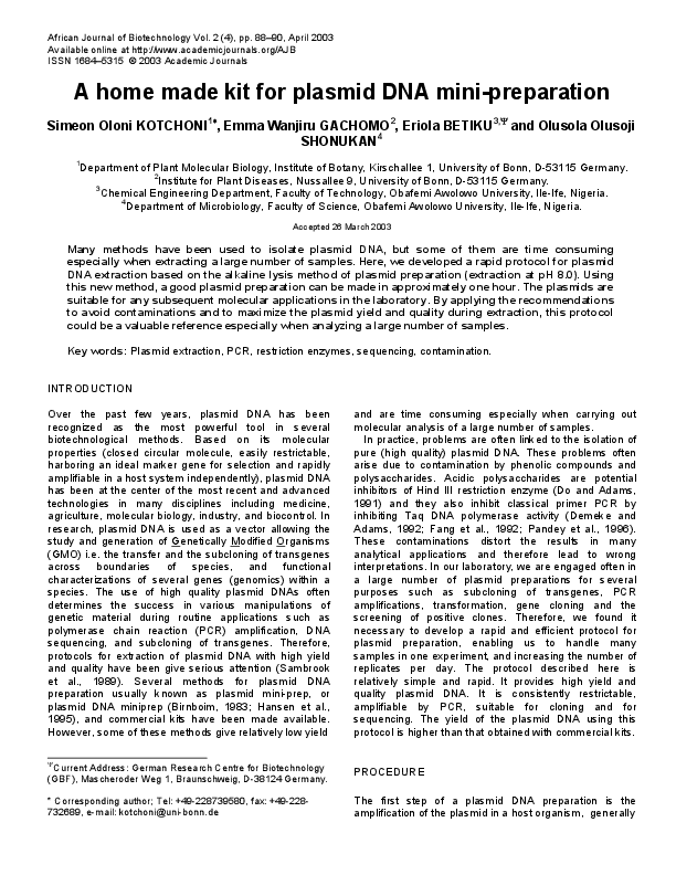 (PDF) A home made kit for plasmid DNA mini-preparation