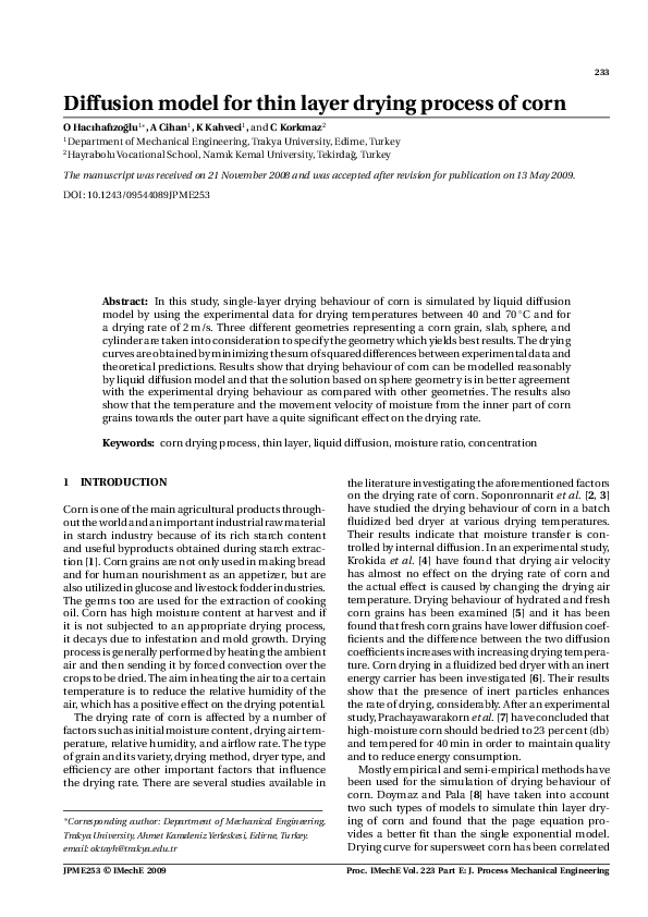 (PDF) Diffusion model for thin layer drying process of corn