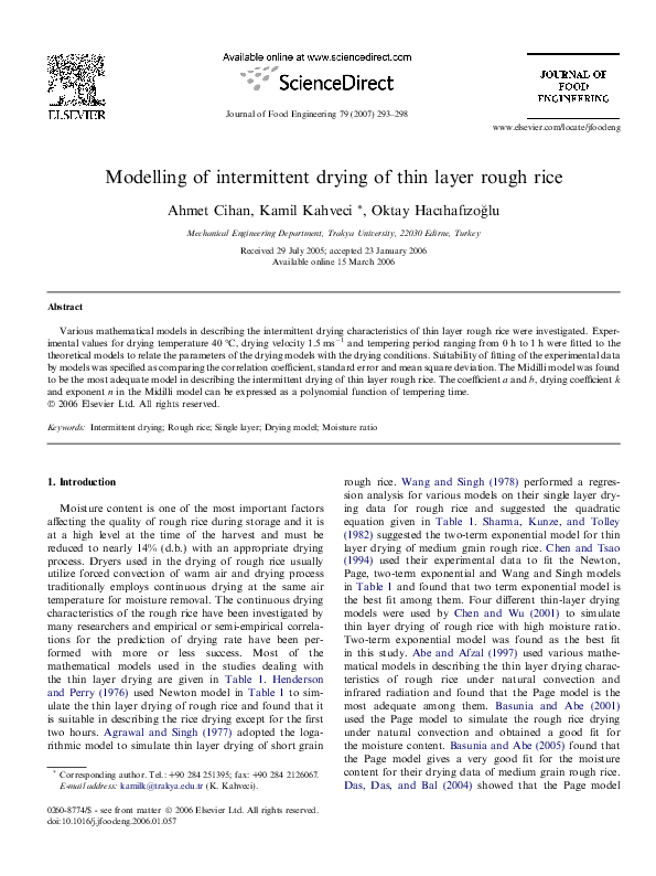 (PDF) Modelling of intermittent drying of thin layer rough rice