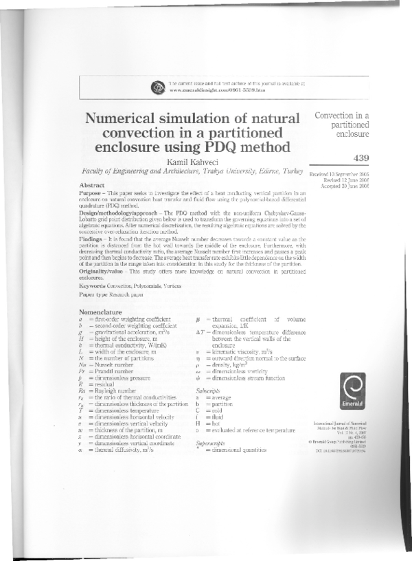 Pdf Numerical Simulation Of Natural Convection In A Partitioned Enclosure