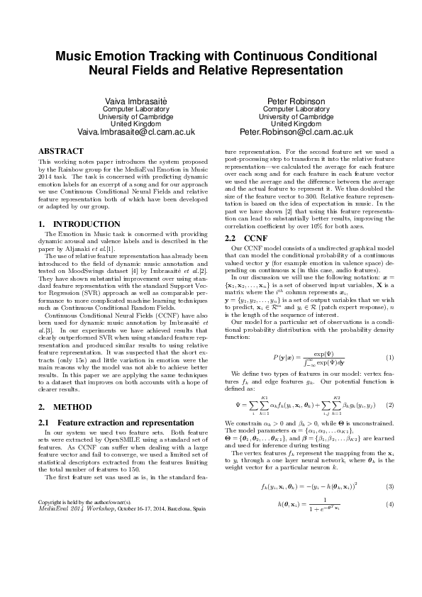 Pdf Music Emotion Tracking With Continuous Conditional Neural Fields