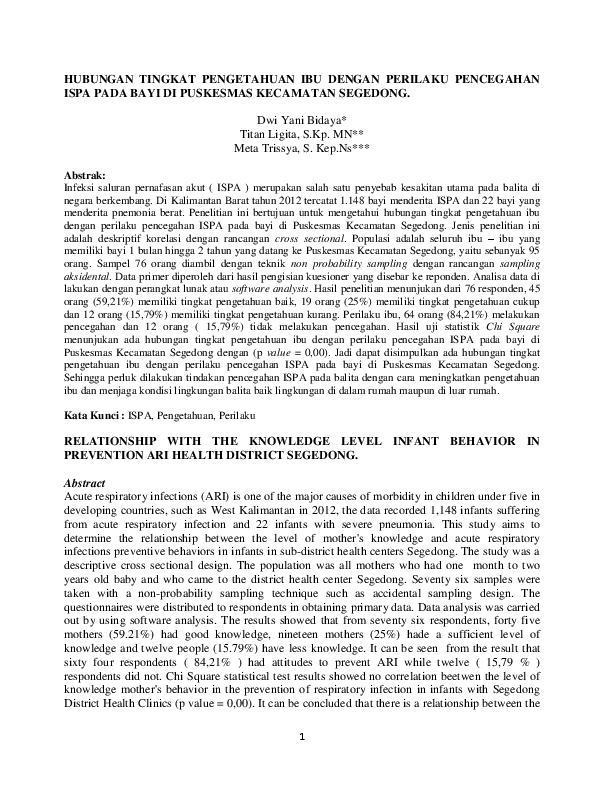 (PDF) HUBUNGAN TINGKAT PENGETAHUAN IBU DENGAN PERILAKU PENCEGAHAN ISPA PADA BAYI DI PUSKESMAS ...