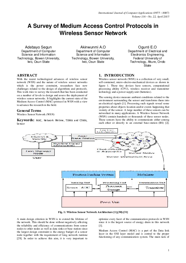 Pdf A Survey Of Medium Access Control Protocols In Wireless Sensor