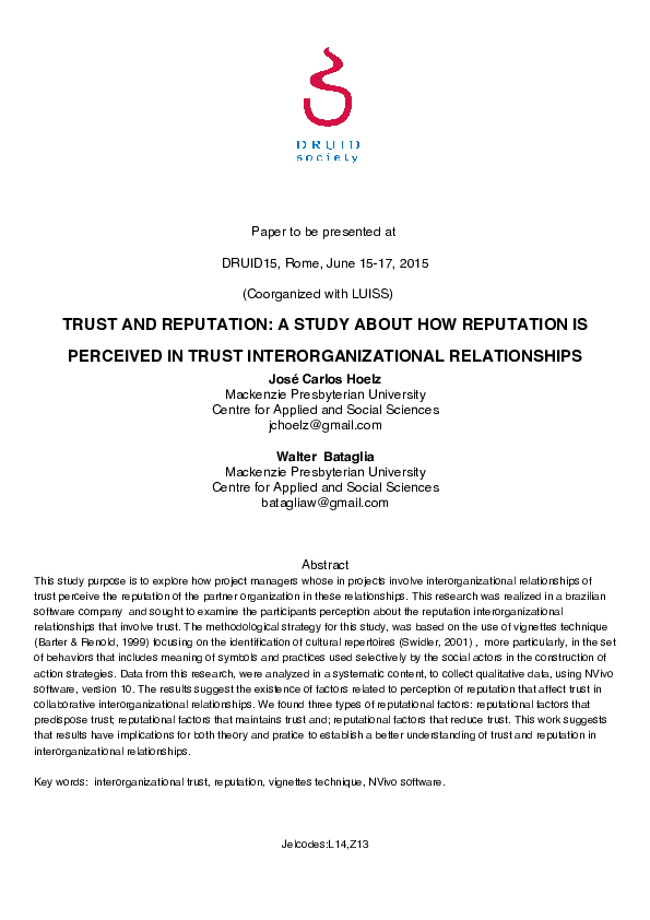 (PDF) TRUST AND REPUTATION: A STUDY ABOUT HOW REPUTATION IS PERCEIVED ...