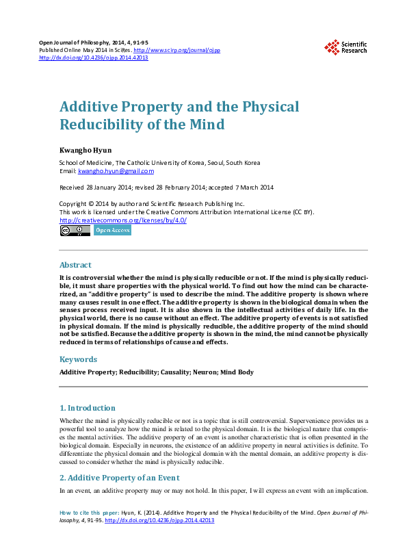 (PDF) Additive Property and the Physical Reducibility of the Mind