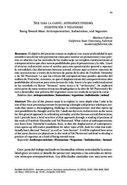 (PDF) Matthew Calarco SER PARA LA CARNE: ANTROPOCENTRISMO, INDISTINCIÓN ...