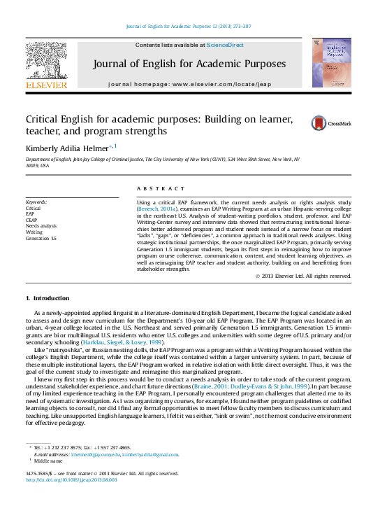 Critical English for Academic Purposes: Building on Learner, Teacher ...