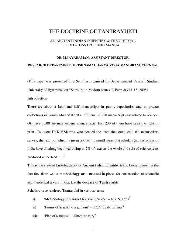 Tantrayukti - THE DOCTRINE OF TANTRAYUKTI - AN ANCIENT INDIAN ...