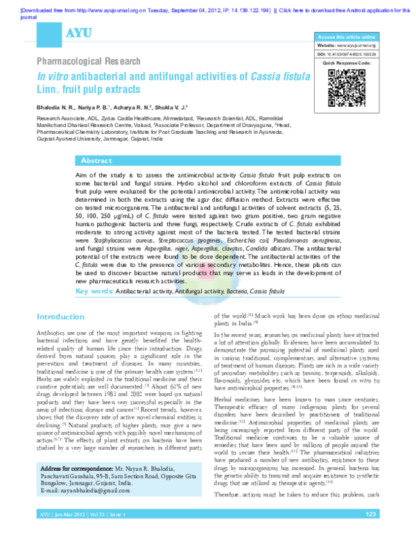 In vitro antibacterial and antifungal activities of Cassia fistula Linn ...