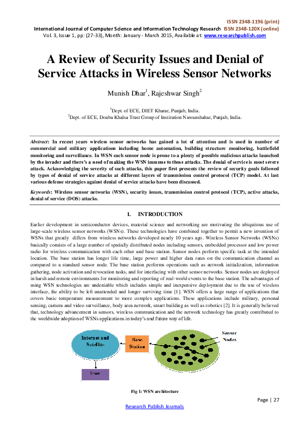 Pdf A Review Of Security Issues And Denial Of Service Attacks In Wireless Sensor Networks