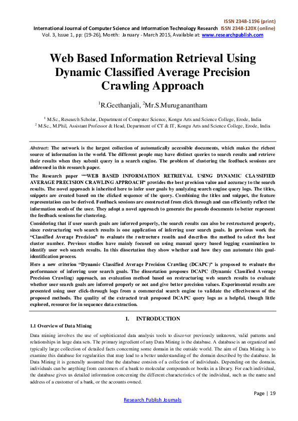 (PDF) Web Based Information Retrieval Using Dynamic Classified Average Precision Crawling Approach