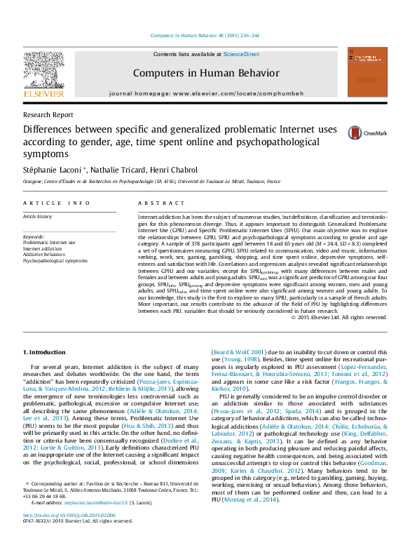 Pdf Differences Between Specific And Generalized Problematic Internet Uses According To Gender