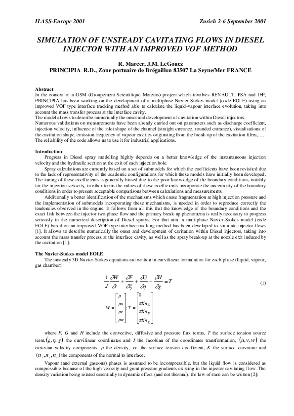 Pdf Simulation Of Unsteady Cavitating Flows In Diesel Injector With An Improved Vof Method