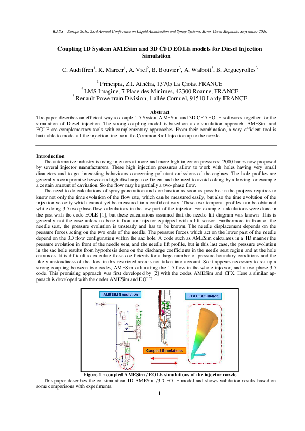 (PDF) Coupling 1D system AMESim and 3D CFD EOLE models for Diesel ...