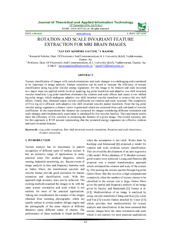 Pdf Rotation And Scale Invariant Feature Extraction For Mri Brain