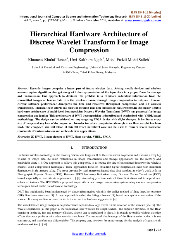 Pdf Hierarchical Hardware Architecture Of Discrete Wavelet Transform For Image Compression