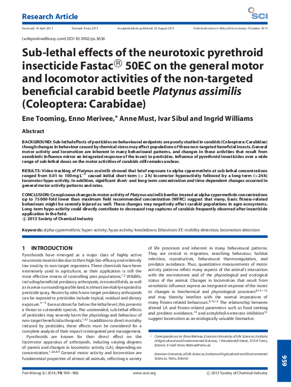 (PDF) Sublethal effects of the neurotoxic pyrethroid insecticide Fastac® 50EC on the general ...