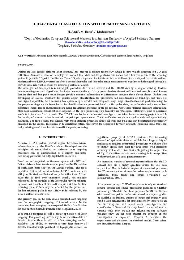 (PDF) LIDAR DATA CLASSIFICATION WITH REMOTE SENSING TOOLS (PDF) LIDAR DATA CLASSIFICATION WITH REMOTE SENSING TOOLS