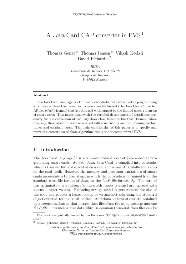 (PDF) COCV'03 Preliminary Version A Java Card CAP converter in PVS
