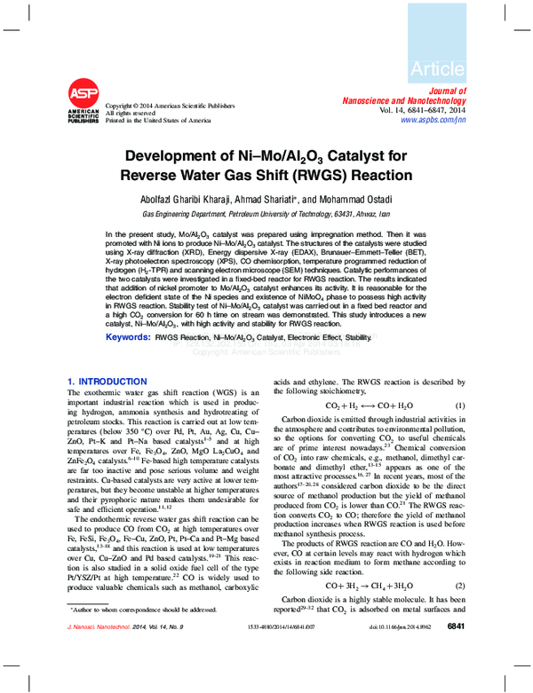 (PDF) Development of Ni–Mo/Al2O3 Catalyst for Reverse Water Gas Shift ...