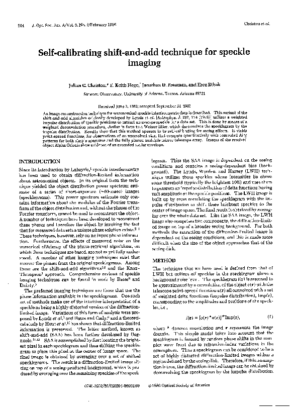 Pdf Self Calibrating Shift And Add Technique For Speckle Imaging