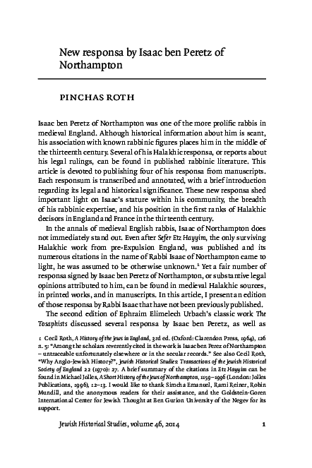 (PDF) 'New Responsa by Isaac ben Peretz of Northampton’, Jewish ...