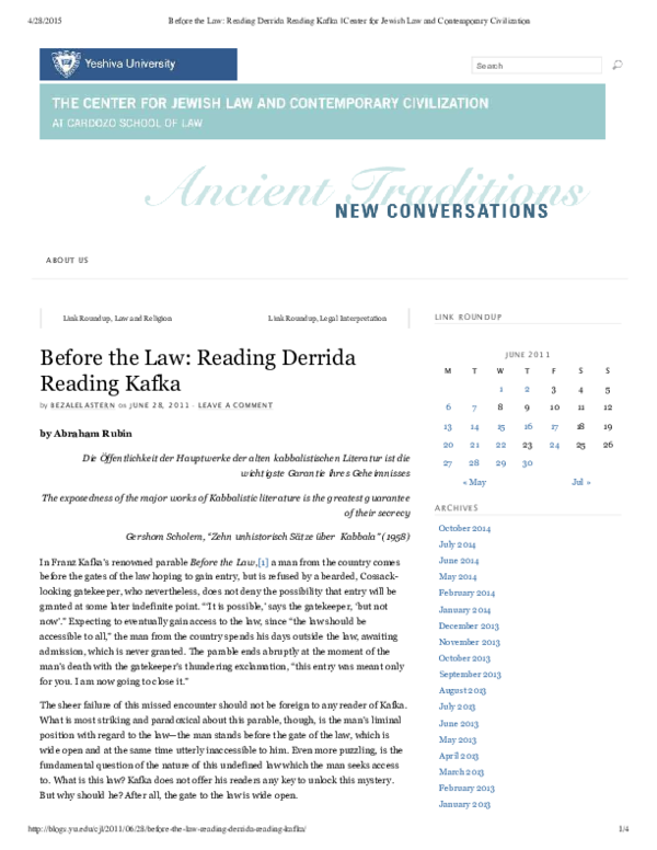 (PDF) Before the Law: Reading Derrida Reading Kafka
