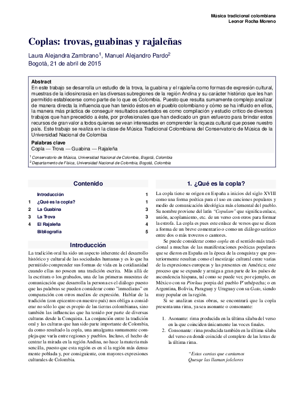 (PDF) Música tradicional colombiana Coplas: trovas, guabinas y rajaleñas
