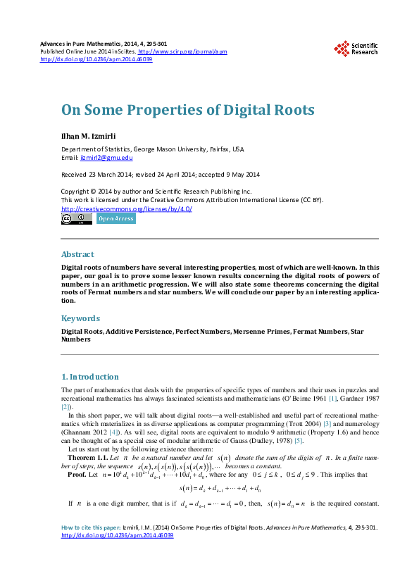 (PDF) On Some Properties of Digital Roots